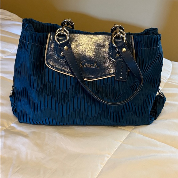 Coach | Bags | Coach Blue Gathered Fabric Leather Satchel Shoulder Bag ...